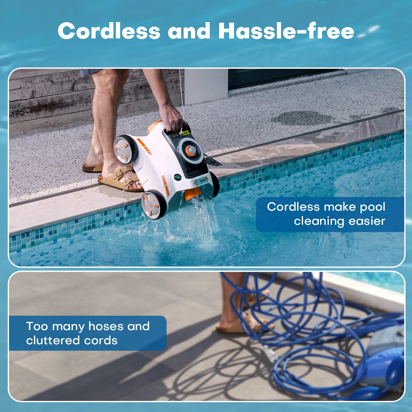 Ofuzzi Cyber 1200 Pro Cordless Robotic Pool Cleaner, Dual Navigation Path, Max.130 Mins Runtime, Stronger Suction Power Pool Robot for Above/In Ground Pools Up to 1076ft² (Orange)