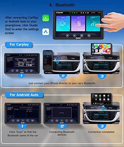 Spedal Wireless Apple Carplay & Android Auto, Portable 7 Inch IPS Touchscreen Car Stereo with Front Camera, Bluetooth Handsfree, WiFi, AirPlay, AUX/FM Transmitter Supports Most Car Models
