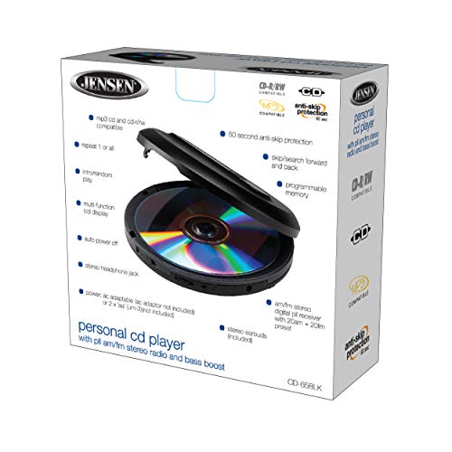 Jensen CD-65 Portable Personal CD Player CD/MP3 Player + Digital AM/FM Radio + with LCD Display Bass Boost 60-Second Anti Skip CD R/RW/Compatible Sport Earbuds Included (Black Limited Edition Series)