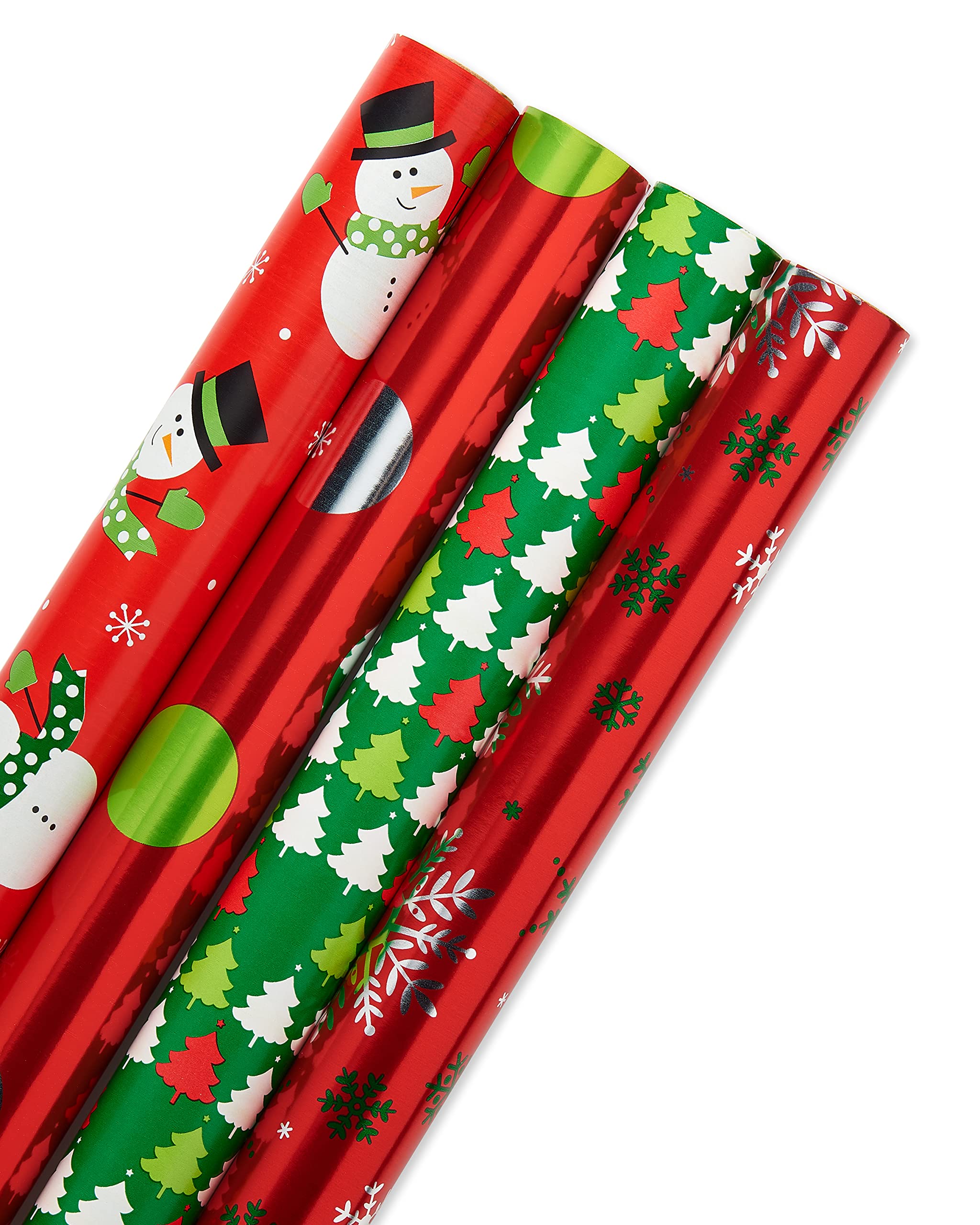 American Greetings Christmas Reversible Wrapping Paper Bundle, Polka Dots, Trees, Snowmen and Snowflakes (4 Rolls, 120 sq. ft.)