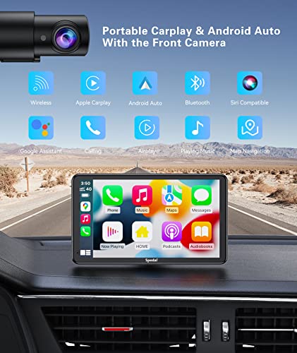 Spedal Wireless Apple Carplay & Android Auto, Portable 7 Inch IPS Touchscreen Car Stereo with Front Camera, Bluetooth Handsfree, WiFi, AirPlay, AUX/FM Transmitter Supports Most Car Models