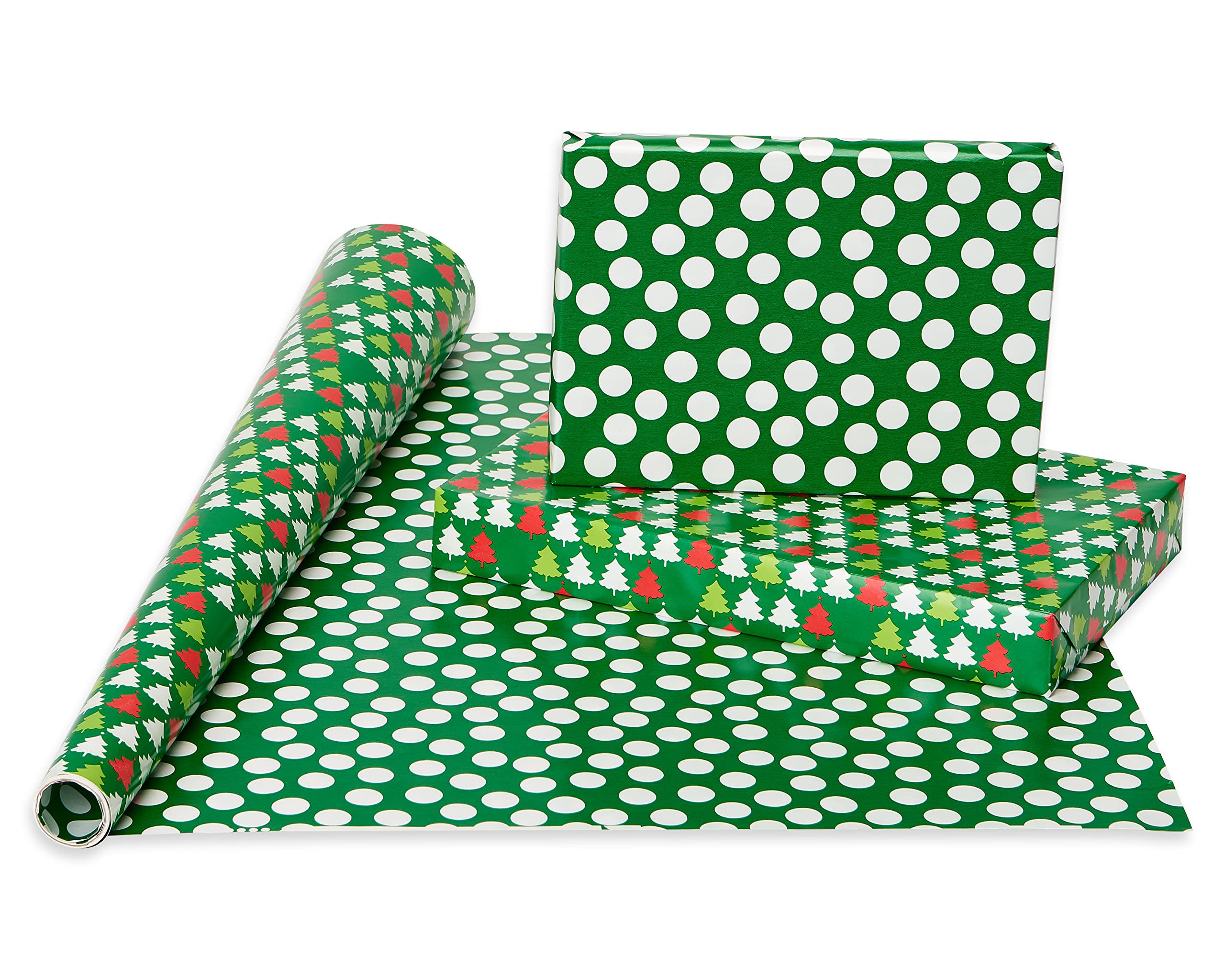 American Greetings Christmas Reversible Wrapping Paper Bundle, Polka Dots, Trees, Snowmen and Snowflakes (4 Rolls, 120 sq. ft.)