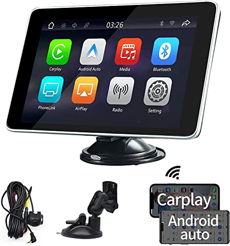 Wireless Portable Car Stereo with Rear Camera Dash or Windshield Mounted 7.5” IPS Touchscreen Car Receiver Compatible with Apple Carplay/Android Auto,Bluetooth,Mirror Link,Google,Siri Assistant
