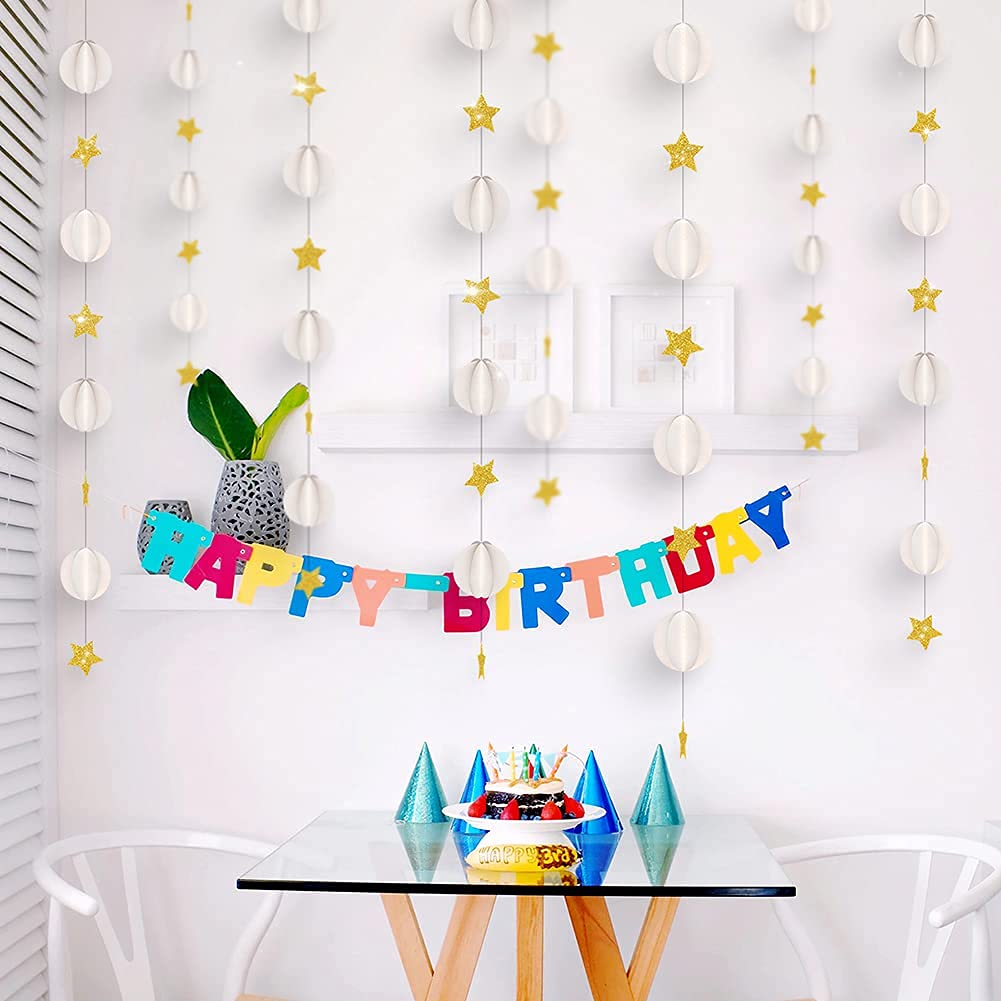 HappyField White Gold Baby Shower Decorations 2Pcs Glitter Gold Star White 3D Circle Garland Rustic Baby Shower Decorations Birthday Party Decorations Wedding Decorations Bridal Shower Decorations