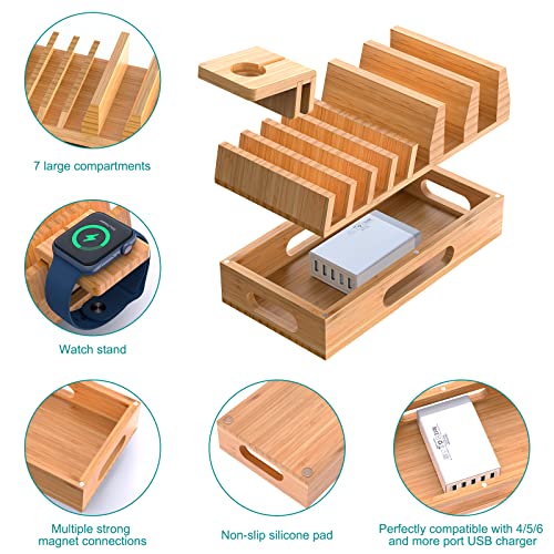 Bamboo Charging Station for Multiple Devices with 5 Port USB Charger, 5 Charger Cables and Watch Stand. Wood Desktop Docking Stations Organizer for Cell Phone, Tablet, Watch, Office Accessories