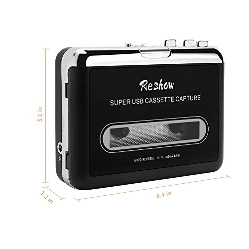 Reshow Cassette Player β Portable Tape Player Captures MP3 Audio Music via USB β Compatible with Laptops and Personal Computers β Convert Walkman Tape Cassettes to iPod Format (Black)