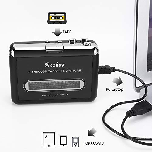 Reshow Cassette Player β Portable Tape Player Captures MP3 Audio Music via USB β Compatible with Laptops and Personal Computers β Convert Walkman Tape Cassettes to iPod Format (Black)
