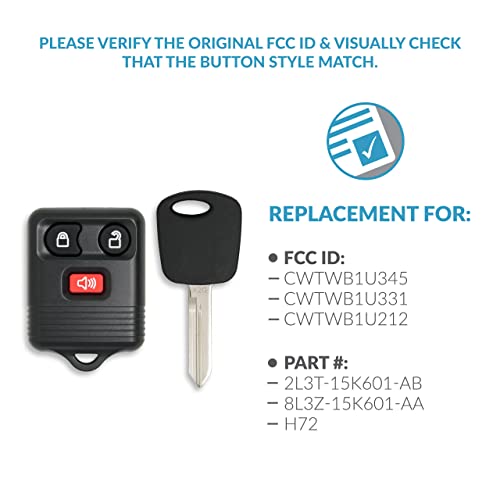 Keyless2Go Replacement for Keyless Entry Car Key Fob Vehicles That Use 3 Button CWTWB1U331, with New Uncut Transponder Ignition Car Key H72