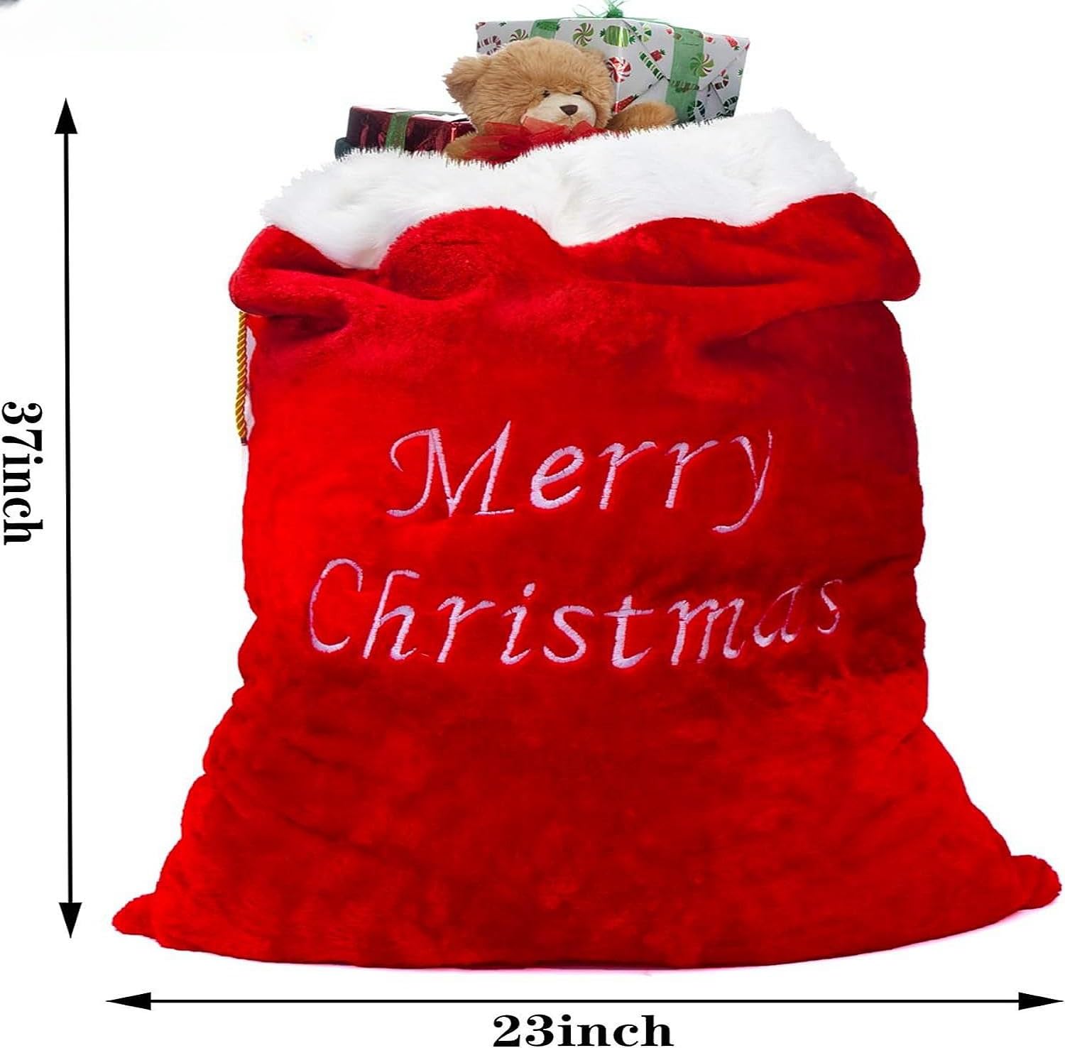 Luxury Oversized Velvet Santa's Gift Sack 3D Plush Faux Fur Cuff with Cord Drawstring – 34" Tall x 24" Wide