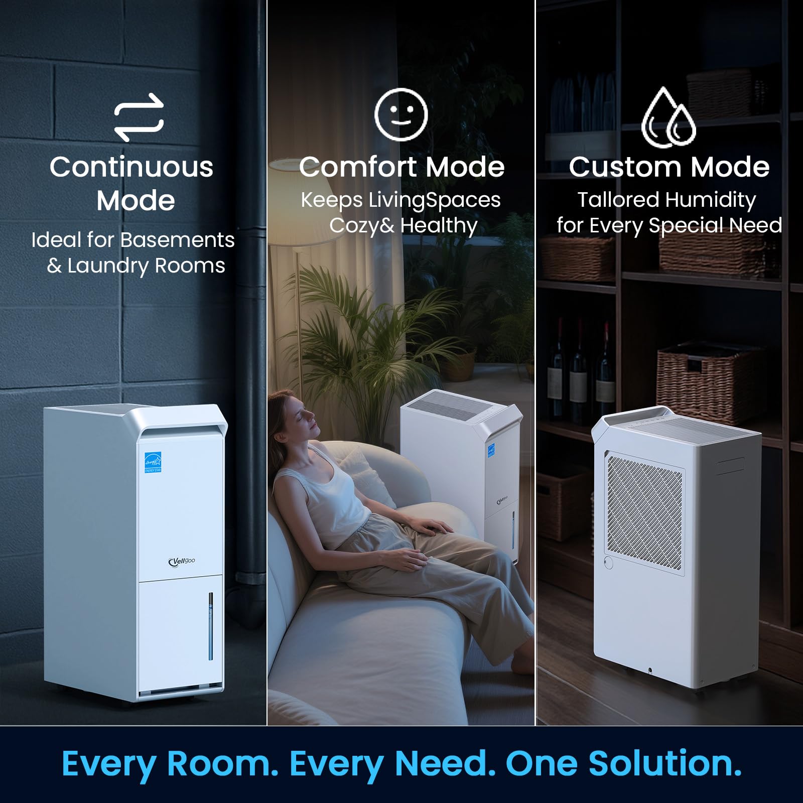 Vellgoo 4,500 Sq.Ft Energy Star Dehumidifier for Basement with Drain Hose, 52 Pint DryTank Dehumidifiers for Home Large Room, Intelligent Humidity Control