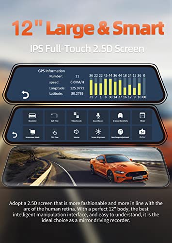 WOLFBOX Rear View Mirror Camera:Mirror Dash Cam Front and Rear 4K+2.5K for Car with 12" Full Touch Screen, Waterproof Backup WDR Camera, Night Vision, G-Sensor, Parking Assist,Free 64GB Card & GPS