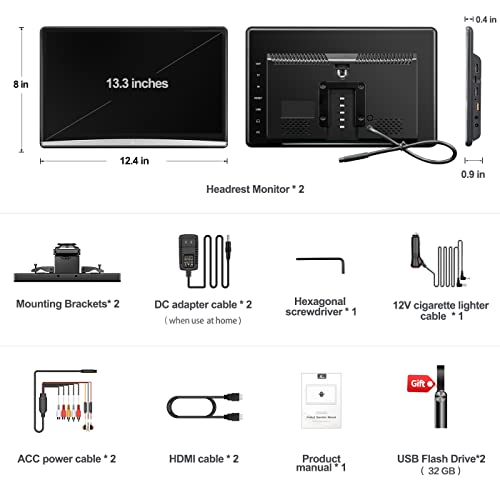 13.3 Inch 4K Upgrade 8Core Android 10.0 Multifunction Car TV Headrest Monitor Tablet Touch Screen Support 1080P Headset WiFi/Bluetooth/HDMI in+Out/FM/Mirror Link Video Player (2G ram 16G ROM (2PC))