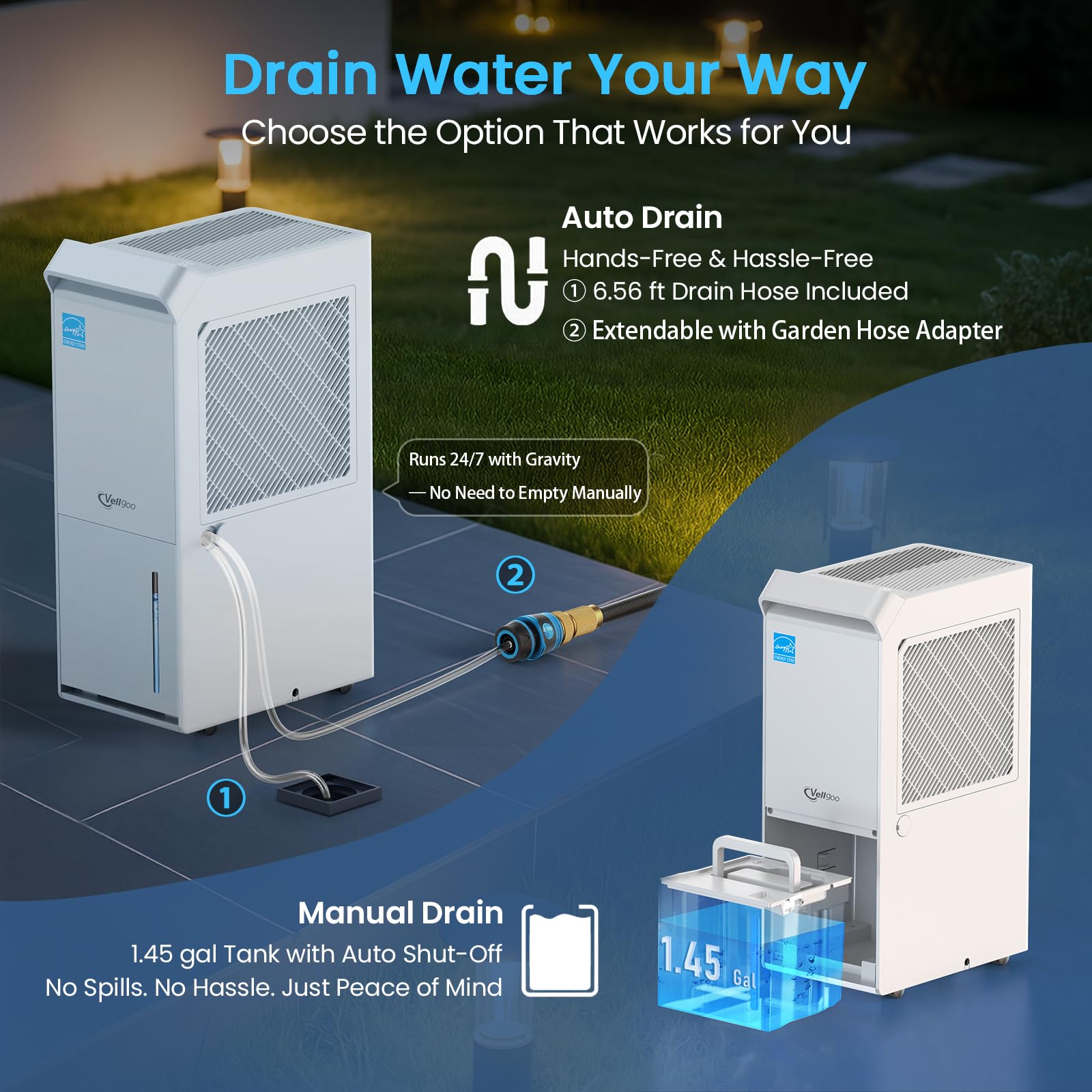 Vellgoo 4,500 Sq.Ft Energy Star Dehumidifier for Basement with Drain Hose, 52 Pint DryTank Dehumidifiers for Home Large Room, Intelligent Humidity Control