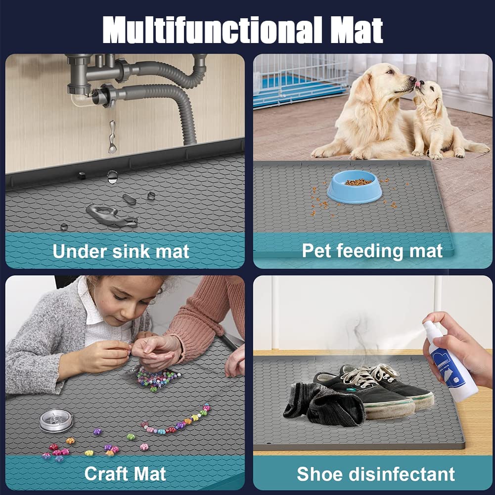 Under Sink Mat 34" x 22" Waterproof Kitchen Cabinet Tray Shelf Liners Flexible Silicone Under Sink Liner with Drain Hole Bathroom Kitchen Cabinet Mat Grey