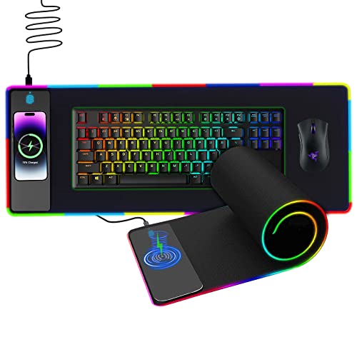 Juicy Chargers Extra Long RGB Non-Slip Wireless Charging mat with 10 Backlight Colors, Wireless Charger Mouse pad Supports Qi Mobile Devices for Home, Office and Gaming, Desk 12 x 35.5 inch