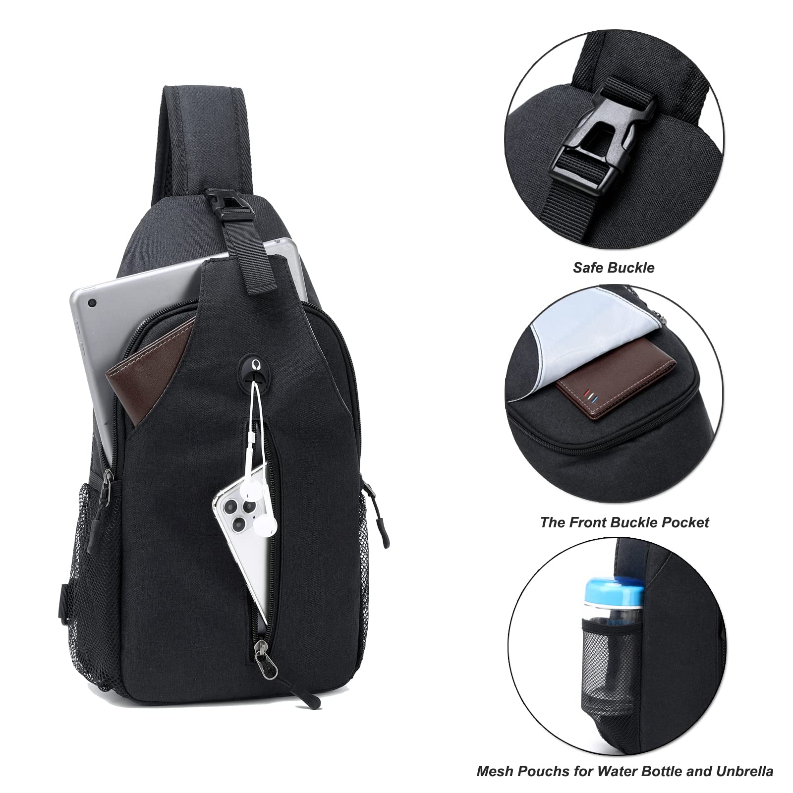 Shaelyka Small Lightweight Black Crossbody Bags for Men and Women, 8 Pockets small Sling Bag