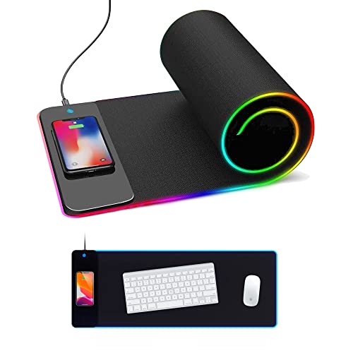 Juicy Chargers Extra Long RGB Non-Slip Wireless Charging mat with 10 Backlight Colors, Wireless Charger Mouse pad Supports Qi Mobile Devices for Home, Office and Gaming, Desk 12 x 35.5 inch