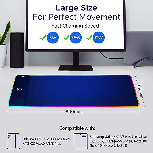 Juicy Chargers Extra Long RGB Non-Slip Wireless Charging mat with 10 Backlight Colors, Wireless Charger Mouse pad Supports Qi Mobile Devices for Home, Office and Gaming, Desk 12 x 35.5 inch