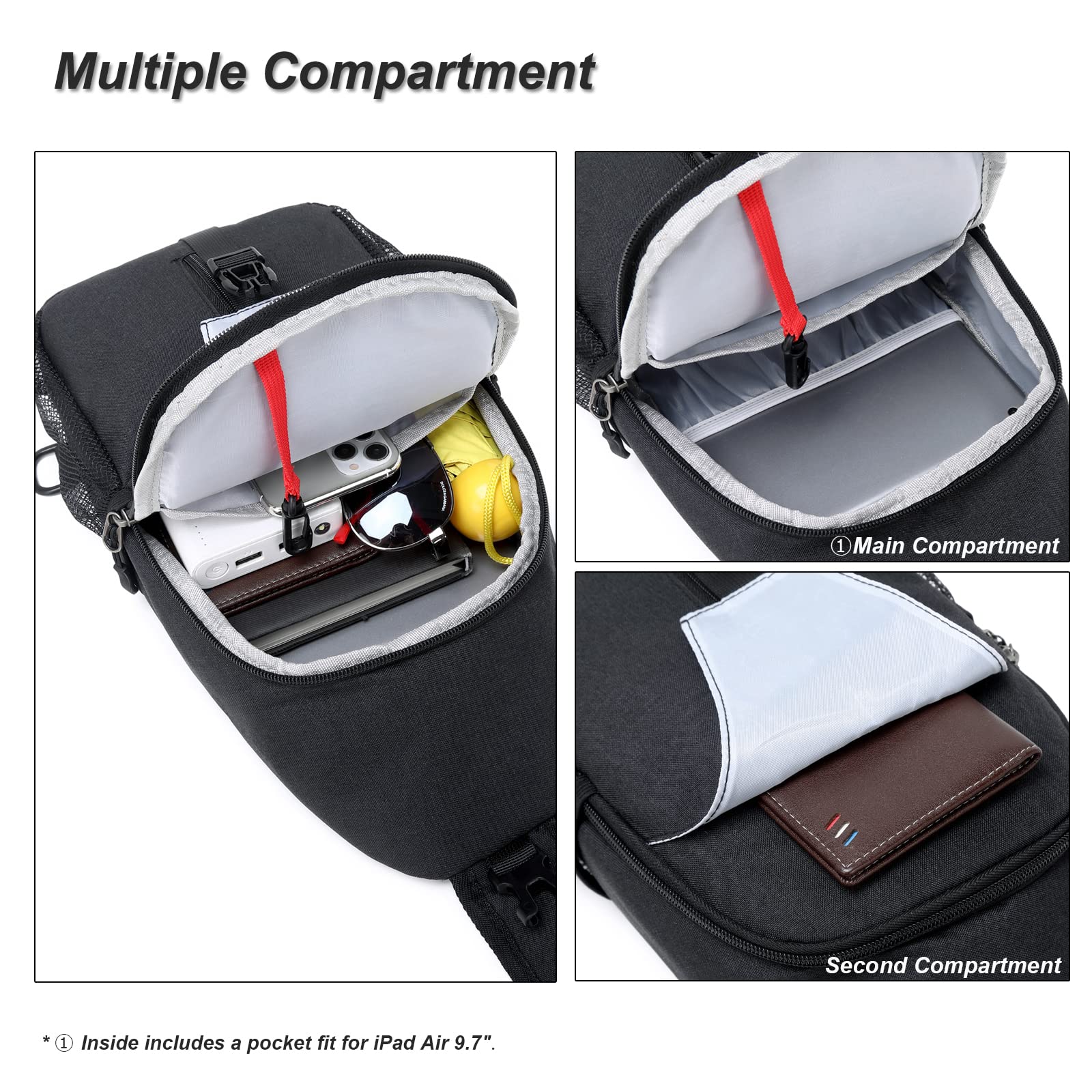 Shaelyka Small Lightweight Black Crossbody Bags for Men and Women, 8 Pockets small Sling Bag