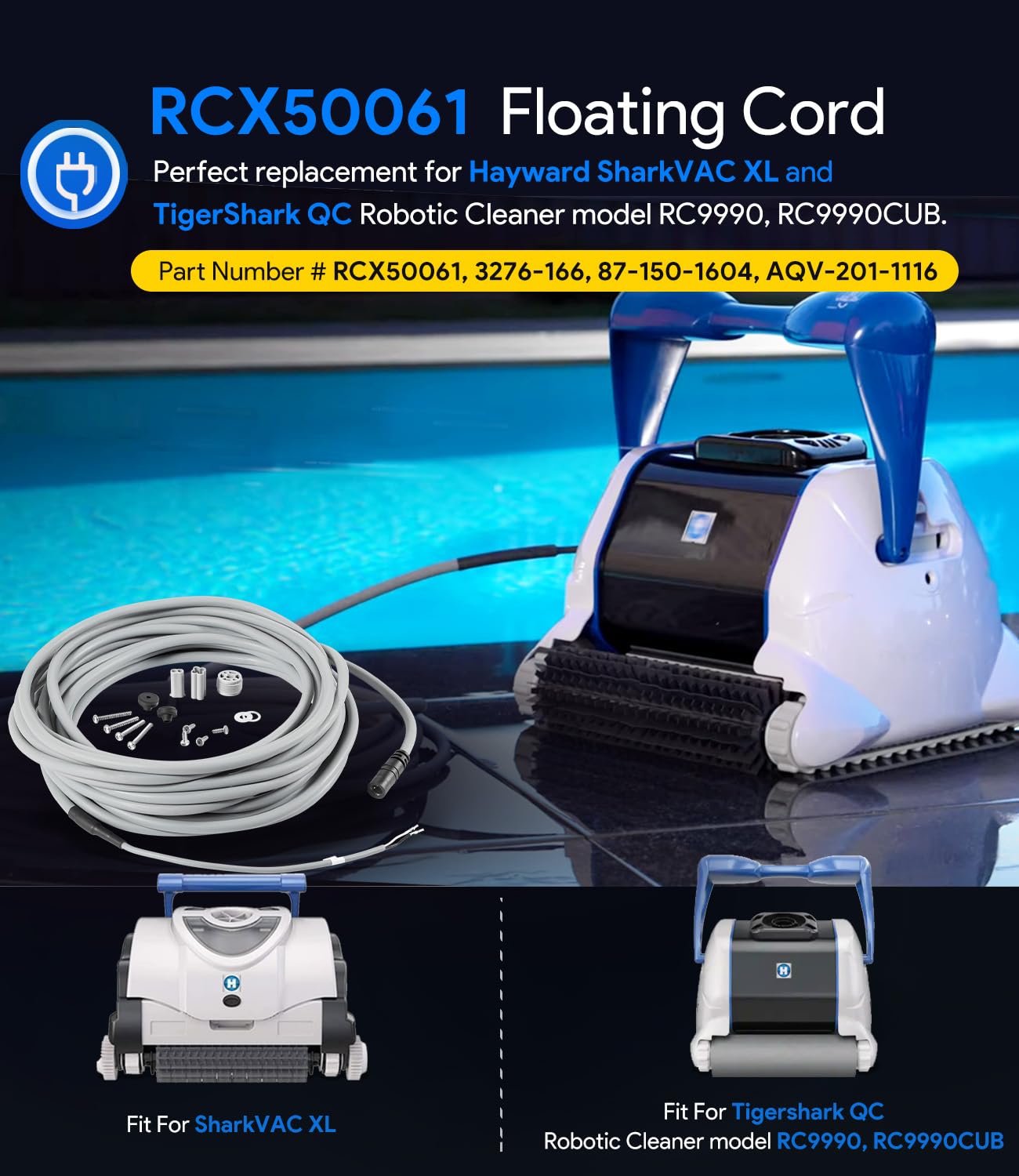 RCX50061 Floating Power Cord Assembly Replacement for Hayward Tigershark QC Robotic Cleaner RC9990 RC9990CUB, SharkVAC XL Pool Cleaner, 55 FT, 2 Pin
