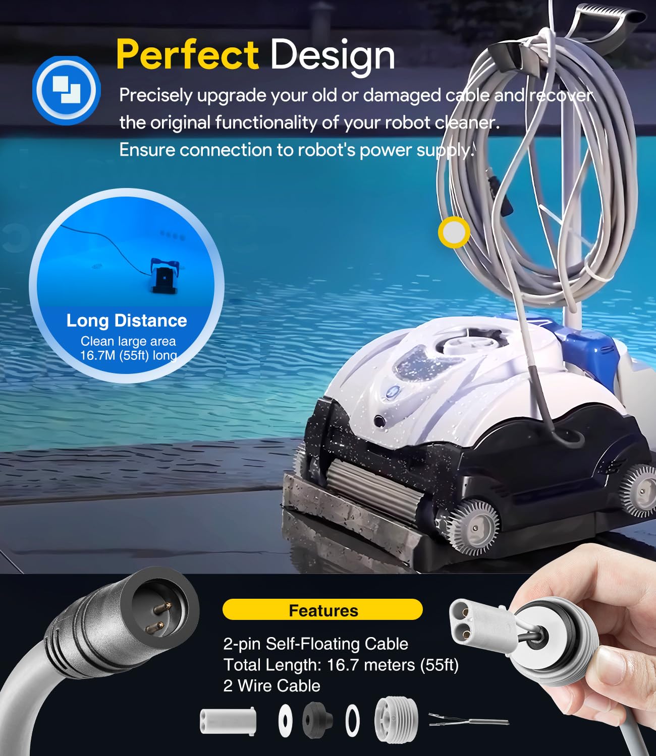 RCX50061 Floating Power Cord Assembly Replacement for Hayward Tigershark QC Robotic Cleaner RC9990 RC9990CUB, SharkVAC XL Pool Cleaner, 55 FT, 2 Pin