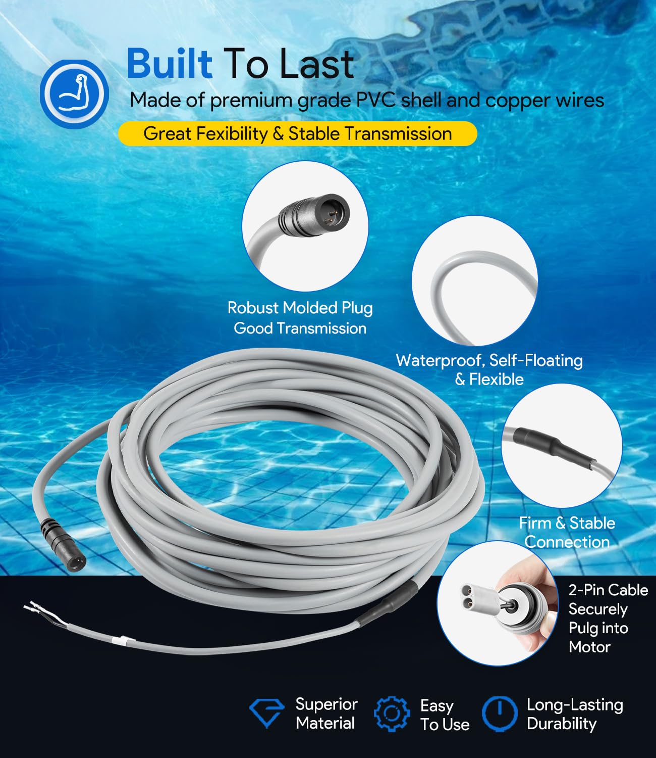 RCX50061 Floating Power Cord Assembly Replacement for Hayward Tigershark QC Robotic Cleaner RC9990 RC9990CUB, SharkVAC XL Pool Cleaner, 55 FT, 2 Pin