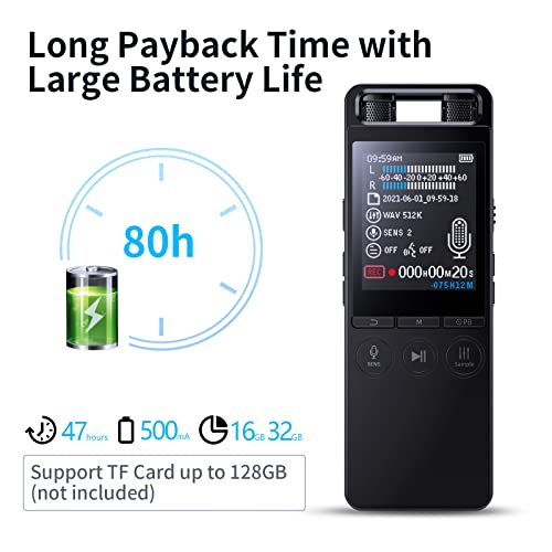 Voice Recorder with Playback,MP3 Player Portable Digital Recording,One Button Intelligent Noise Cancel Voice Activated 3072kbps 1100 Hours Work time Dual Microphones for Meetings,Lectures, Interview…