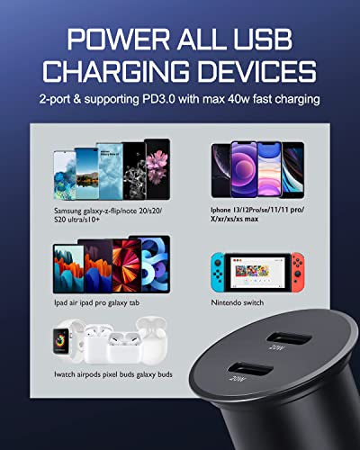 USB C Car Charger, Aergiatech 40W PD 3.0 Fast Car Charger Adapter Dual Port, Metal Type C Car Charger Compatible with iPhone 13/13 Pro/12/12 Pro/11/X/SE, Galaxy S21/S20/Note20, iPad, Pixel 4, Black