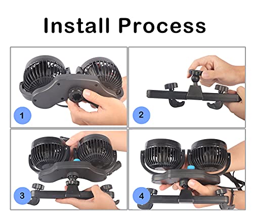 KWYZ 12 Volt Car Fan for Back Seat Passenger, Portable Car Seat Fan Headrest 360° Rotatable Backseat Cooling Air Fan with 2 USB Charging Port & Cigarette Lighter Plug for Vehicles, SUV, RV, Boat