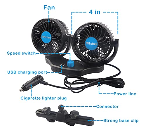 KWYZ 12 Volt Car Fan for Back Seat Passenger, Portable Car Seat Fan Headrest 360° Rotatable Backseat Cooling Air Fan with 2 USB Charging Port & Cigarette Lighter Plug for Vehicles, SUV, RV, Boat