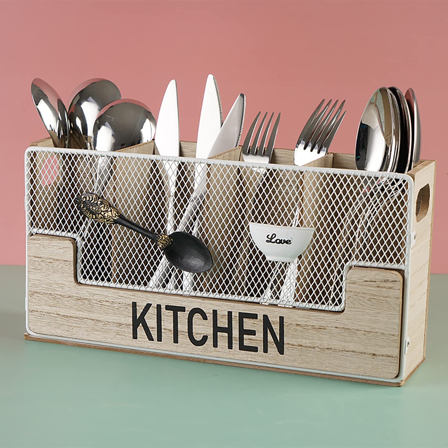 CBEYNCHOS Wooden Utensil Holder Cutlery Caddy,Flatware Organizers in Rustic Wood for Forks Spoons Knives Cooking Tools,Kitchen Table Decor for Party Bar Hotel and Home use (Mesh B)