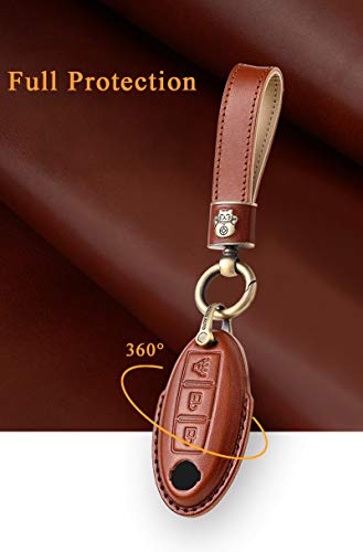 SANRILY 3-Button Leather Key Fob Cover for Nissan Armada Rogue Murano Cube 370Z Leaf Juke Quest Keyless Remote Key Protective Case with Lucky Cat Key Ring Green