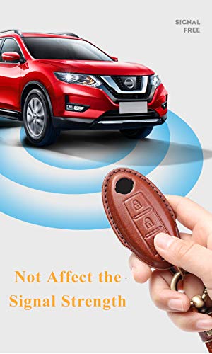 SANRILY 3-Button Leather Key Fob Cover for Nissan Armada Rogue Murano Cube 370Z Leaf Juke Quest Keyless Remote Key Protective Case with Lucky Cat Key Ring Green
