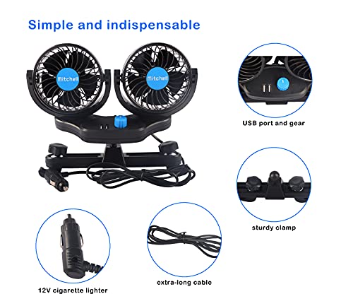 KWYZ 12 Volt Car Fan for Back Seat Passenger, Portable Car Seat Fan Headrest 360° Rotatable Backseat Cooling Air Fan with 2 USB Charging Port & Cigarette Lighter Plug for Vehicles, SUV, RV, Boat