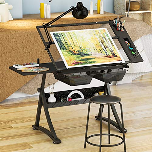 EESHHA Drawing Table Drafting Table with Storage, Height Adjustable Tiltable Art Desk, Glass Panel Drawing Desk, for Work Study Painting Craft Table