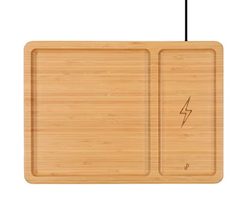 [PJ Collection] Bamboo Organizer Valet Tray with Wireless Charging, Desk and Night Stand Organizer, 2 in 1, 15W Charging Station，Wireless Charging Station