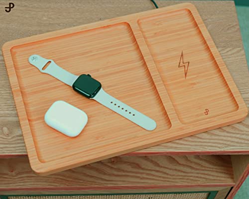 [PJ Collection] Bamboo Organizer Valet Tray with Wireless Charging, Desk and Night Stand Organizer, 2 in 1, 15W Charging Station，Wireless Charging Station
