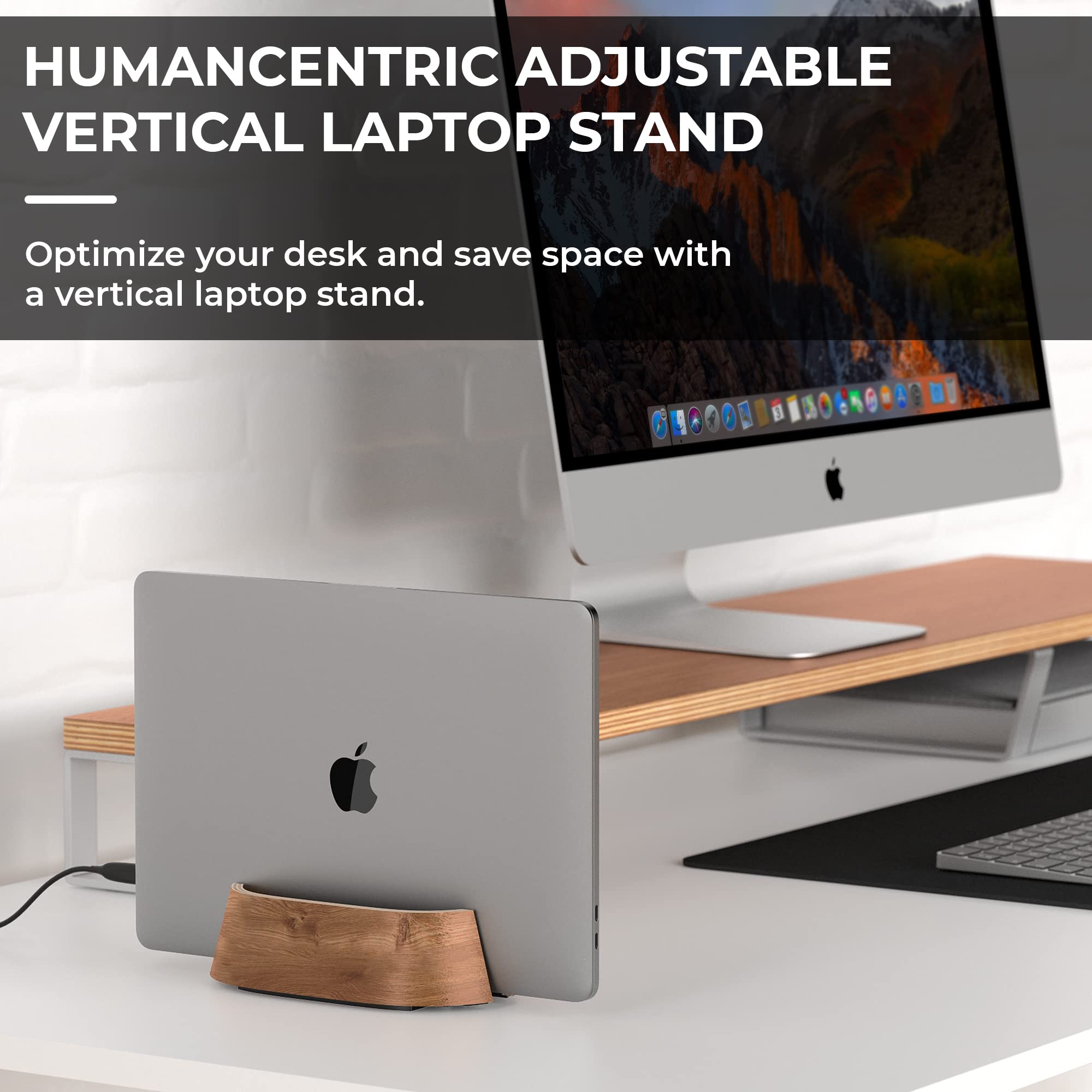 HumanCentric Laptop Holder Vertical Laptop Stand, Adjustable Holder and Dock, Laptop Vertical Stand Fits MacBook Pro and Other Laptops .5" to 1.5", Upright Laptop Holder for Desk, Black Walnut Wood