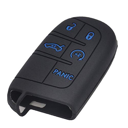 LemSa 2Pcs 5 Buttons Silicone Key Fob Cover Case Remote Keyless Protector Compatible with Jeep Grand Cherokee Dodge Challenger Charger Dart Durango Journey Chrysler 300, Blue Buttons+ Red Buttons