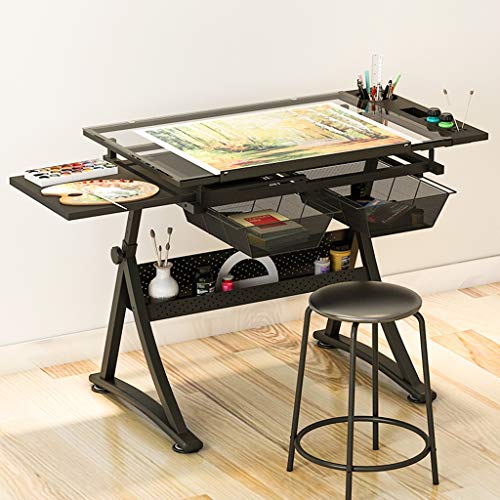 EESHHA Drawing Table Drafting Table with Storage, Height Adjustable Tiltable Art Desk, Glass Panel Drawing Desk, for Work Study Painting Craft Table