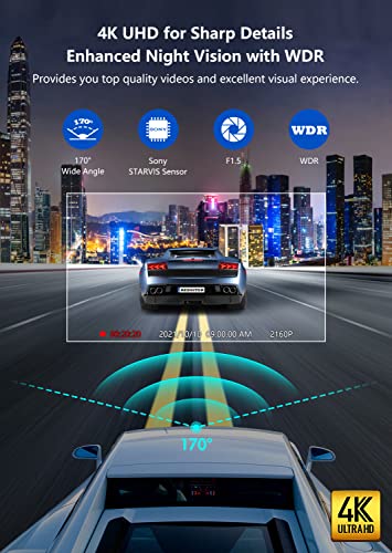 REDTIGER Dash Cam for Cars,4K UHD 2160P Car Camera Front, Wi-Fi GPS,3.18" LCD Screen,Night Vision,170° Wide Angle,WDR,G-Sensor,24H Parking Monitor, Support 256GB Max