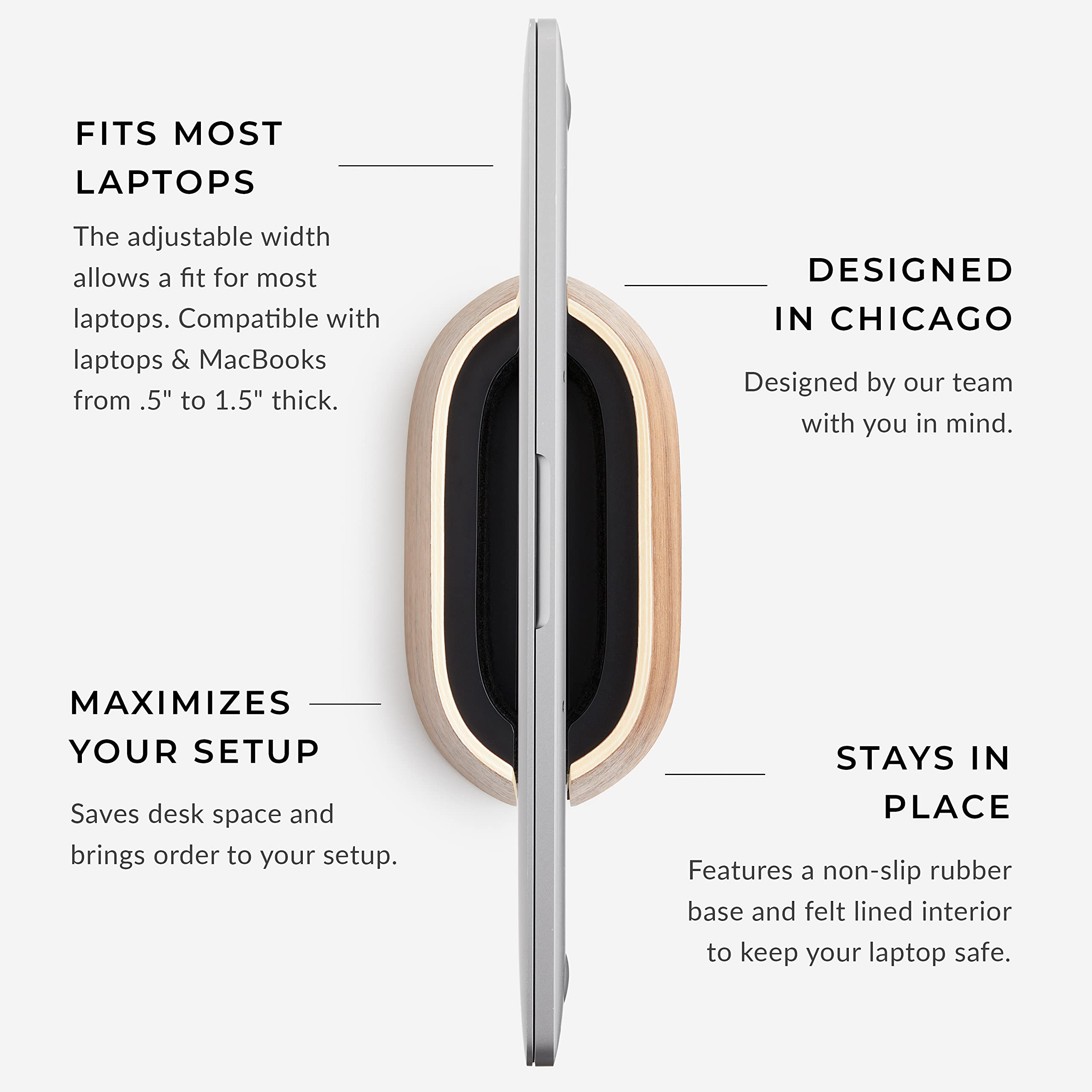 HumanCentric Laptop Holder Vertical Laptop Stand, Adjustable Holder and Dock, Laptop Vertical Stand Fits MacBook Pro and Other Laptops .5" to 1.5", Upright Laptop Holder for Desk, Black Walnut Wood