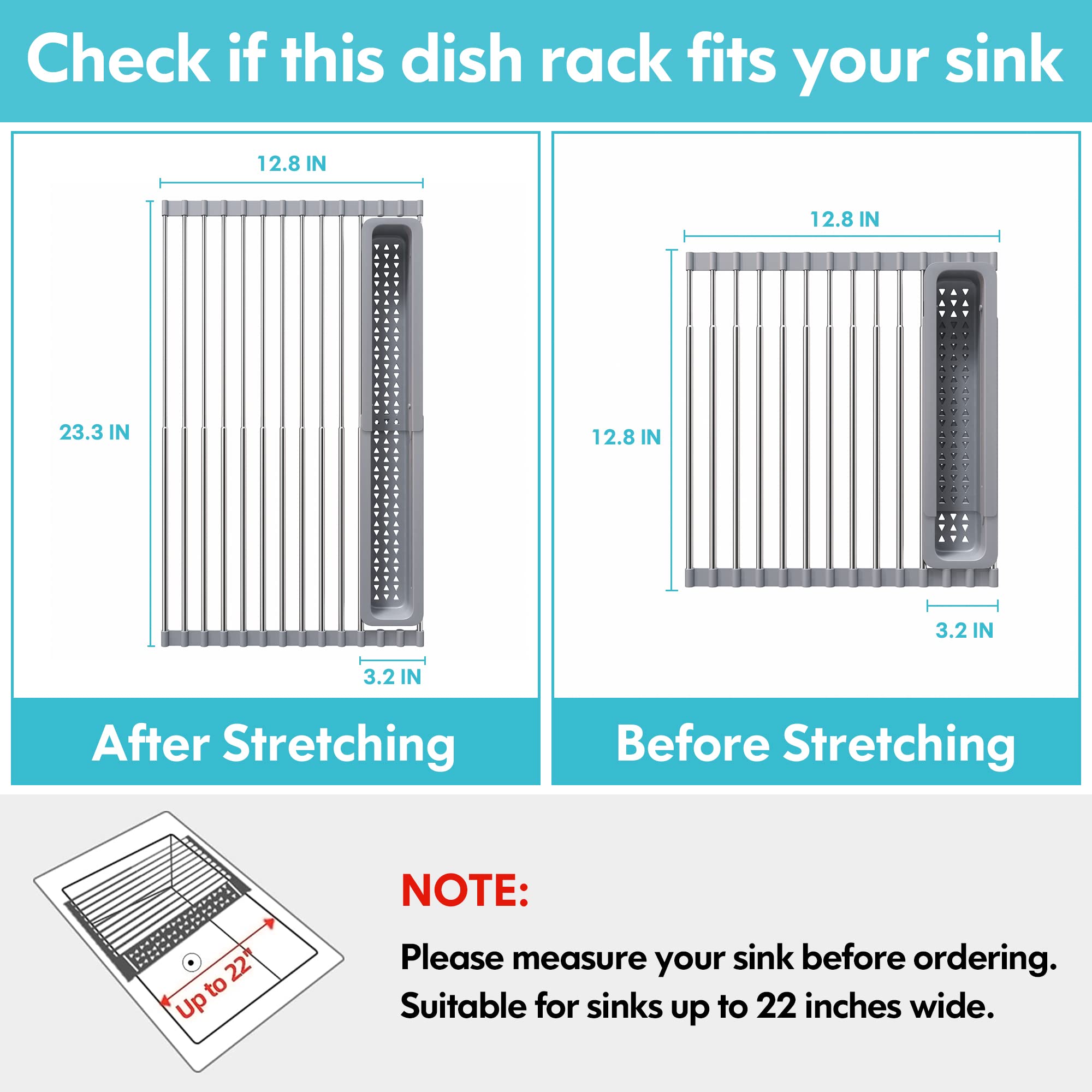 BOOSINY Roll Up Dish Drying Rack, Over The Sink Dryer Rack for Kitchen Counter (12.8"-23.3" x 12.8"), Expandable 304 Stainless Steel Dish Drainer for Inside Sink, Sink Cover with Utensil Holder