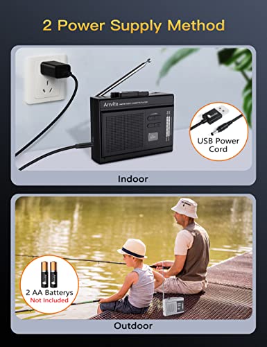 Arsvita Portable Cassette Player and Recorder, Cassette to MP3 Digital Converter, AM/FM Radio Tape Walkman, Support 4-32G Micro SD Card, Build-in Speaker and Microphone, Black