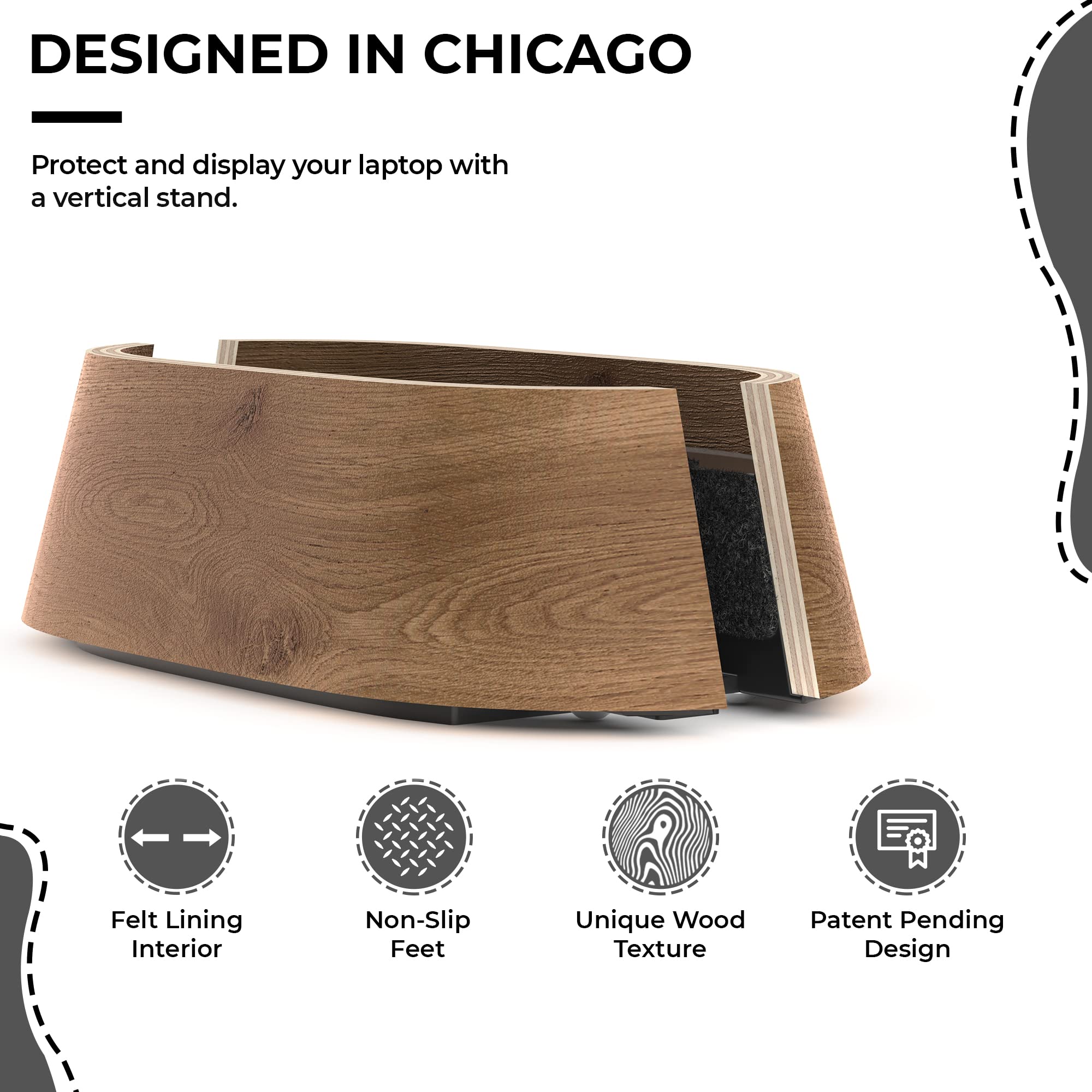 HumanCentric Laptop Holder Vertical Laptop Stand, Adjustable Holder and Dock, Laptop Vertical Stand Fits MacBook Pro and Other Laptops .5" to 1.5", Upright Laptop Holder for Desk, Black Walnut Wood
