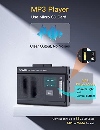 Arsvita Portable Cassette Player and Recorder, Cassette to MP3 Digital Converter, AM/FM Radio Tape Walkman, Support 4-32G Micro SD Card, Build-in Speaker and Microphone, Black