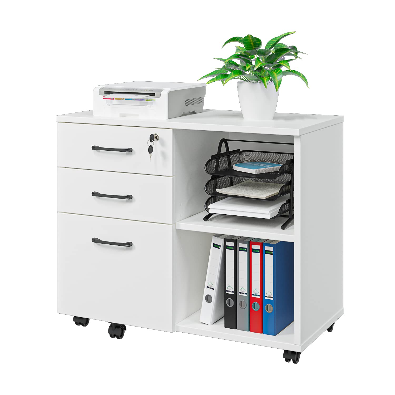 Panana Wood File Cabinet, 3 Drawer Mobile Lateral Filing Cabinet on Wheels, Printer Stand with Open Storage Shelves for Home Office (White)