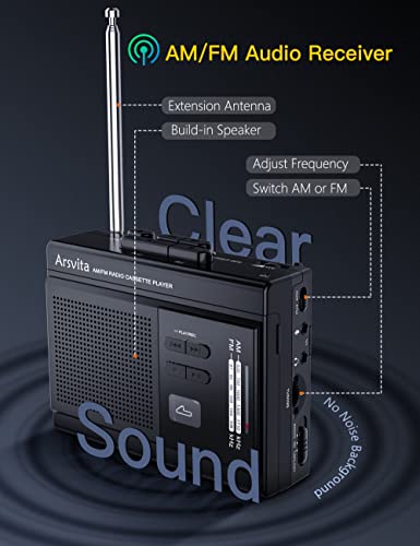 Arsvita Portable Cassette Player and Recorder, Cassette to MP3 Digital Converter, AM/FM Radio Tape Walkman, Support 4-32G Micro SD Card, Build-in Speaker and Microphone, Black