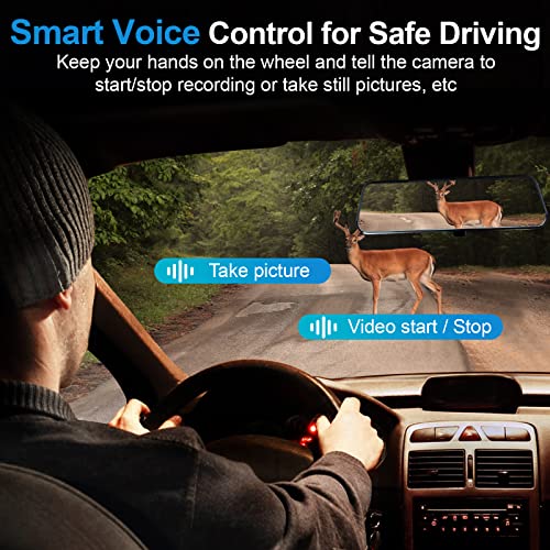 Pelsee P10 Pro 10" 4K Mirror Dash Cam, Rear View Mirror Camera Smart Driving Assistant w/ADAS and BSD, Night Vision Dash Cameras Front and Rear, Voice Control,Parking Monitoring,Free 32GB Memory Card