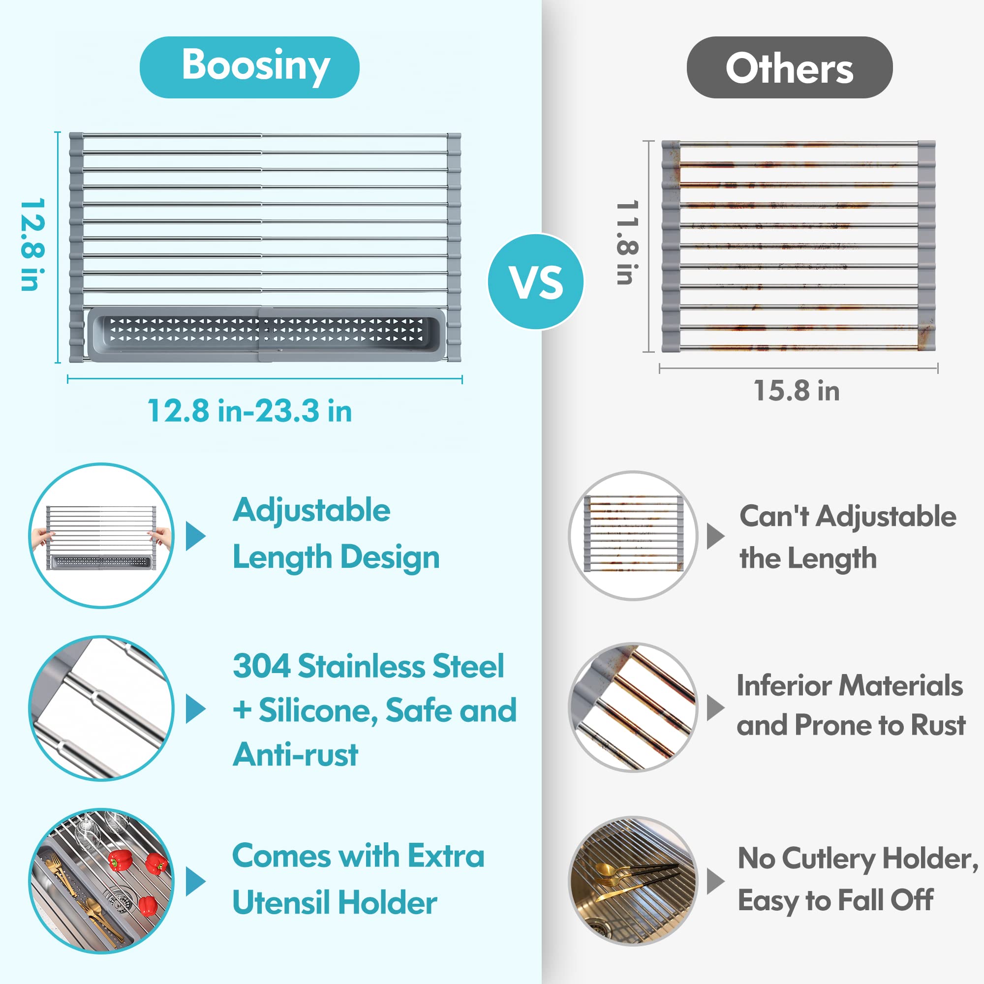 BOOSINY Roll Up Dish Drying Rack, Over The Sink Dryer Rack for Kitchen Counter (12.8"-23.3" x 12.8"), Expandable 304 Stainless Steel Dish Drainer for Inside Sink, Sink Cover with Utensil Holder